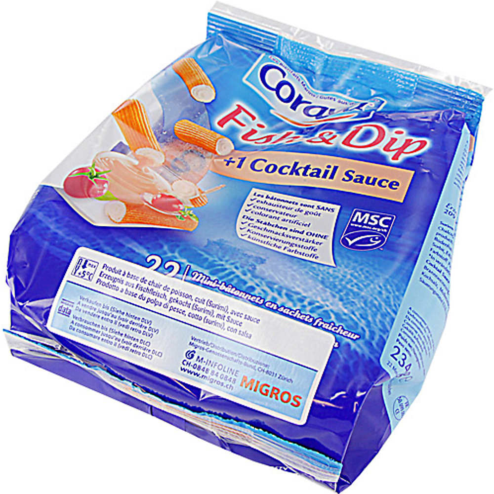 Coraya Fish & Dip · Surimi-Snack · Cocktail-Sauce • Migros Online