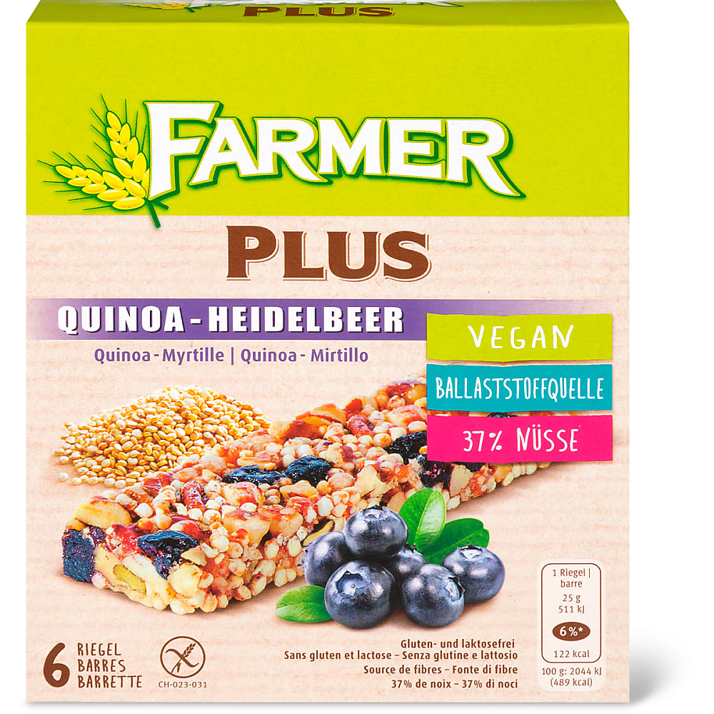 Farmer Plus · Getreideriegel · Quinoa-Heidelbeer • Migros