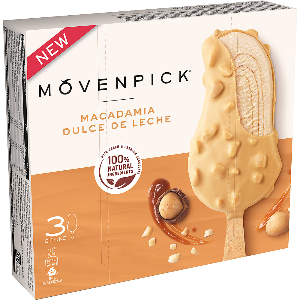 Mövenpick Sticks · Crème glacé · Macadamia Dulce de Leche • Migros