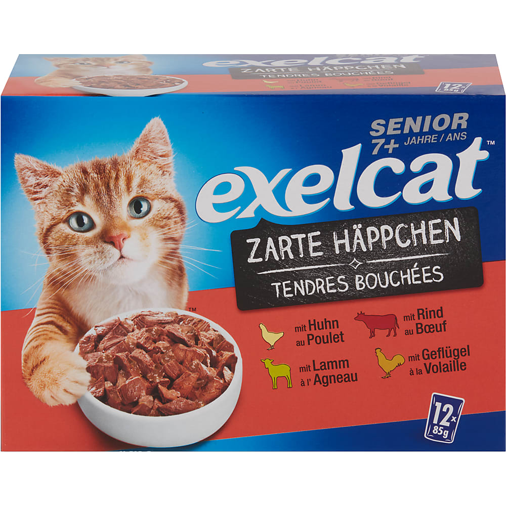 Exelcat · Complete food for cats · Tender bites meat-mix • Migros
