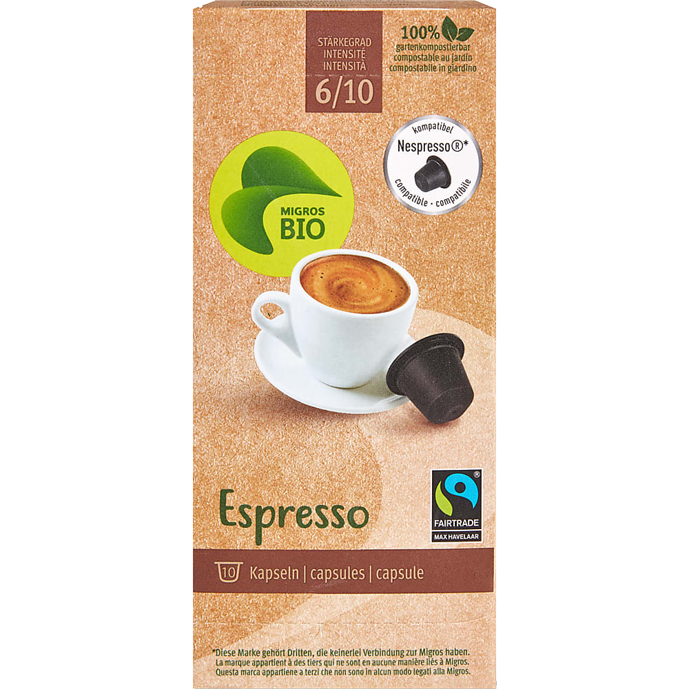 Migros Bio · Kaffee-Kapseln · Espresso, Kompatibel System Nespresso® • Migros