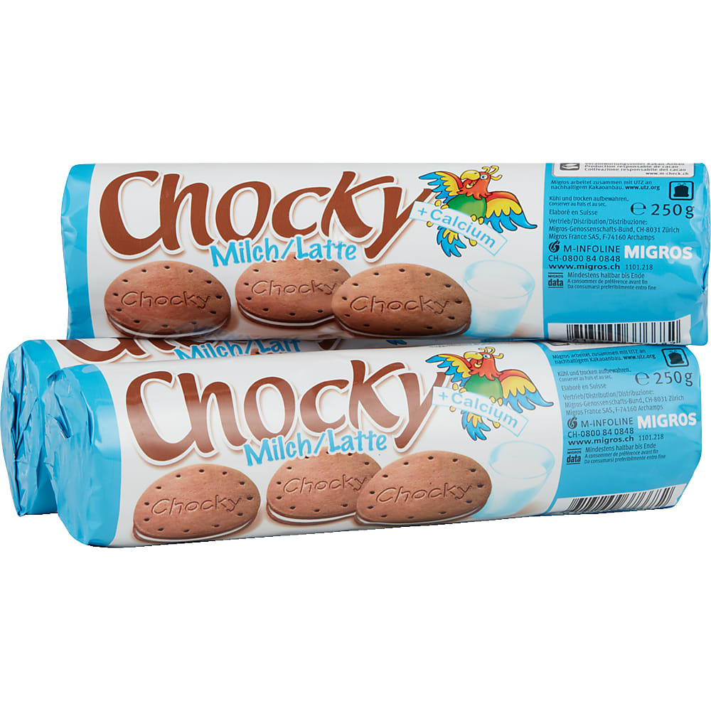 Chocky · Sandwich biscuits with chocolate filling (29%) · Milk • Migros