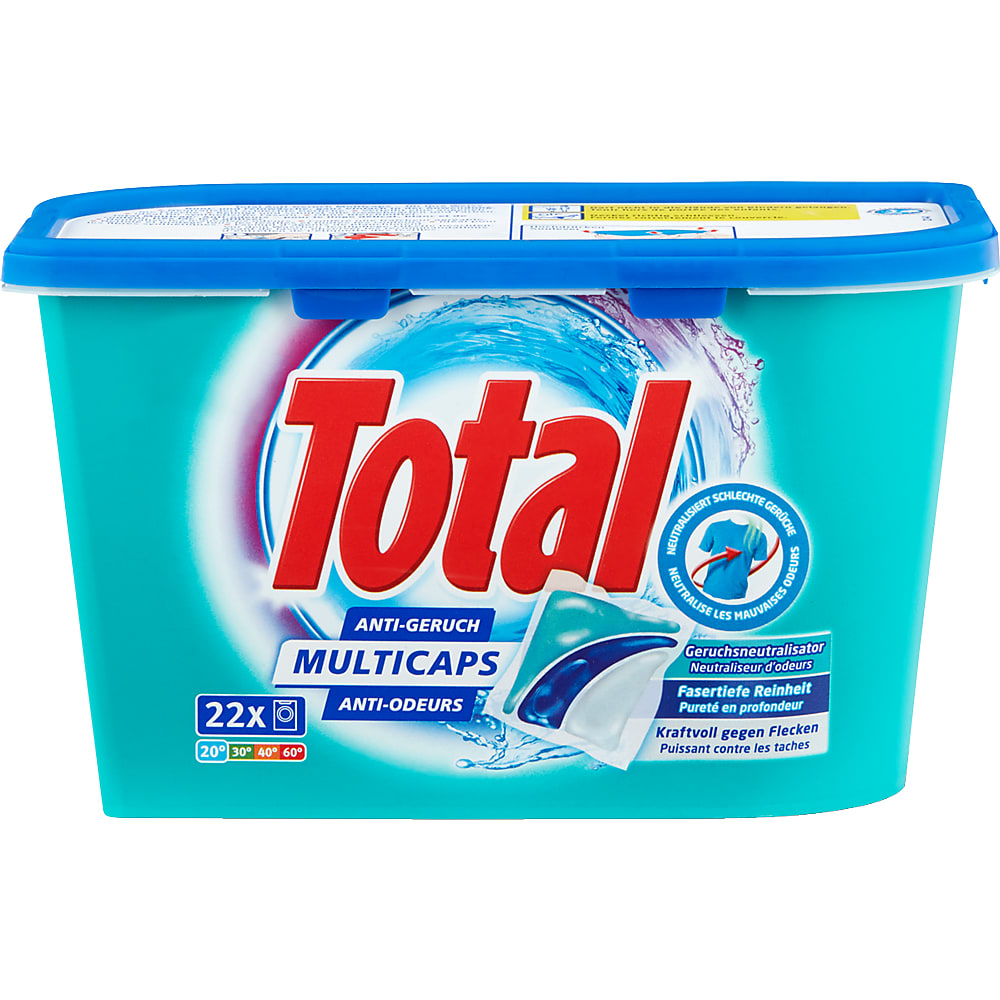Total · Capsule detergent · Multicaps, anti-odours • Migros