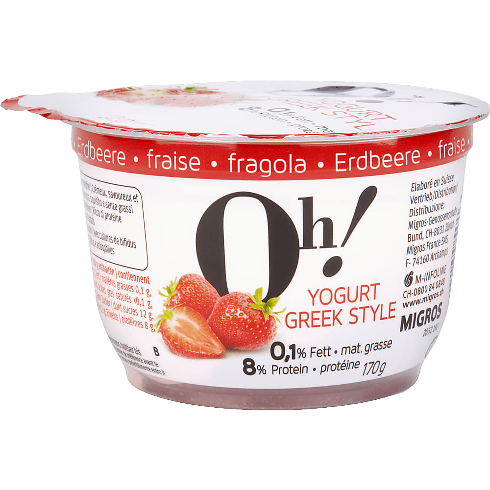 Oh! · Yogurt Greek Style · Fraise - 0.1% mat. grasse • Migros