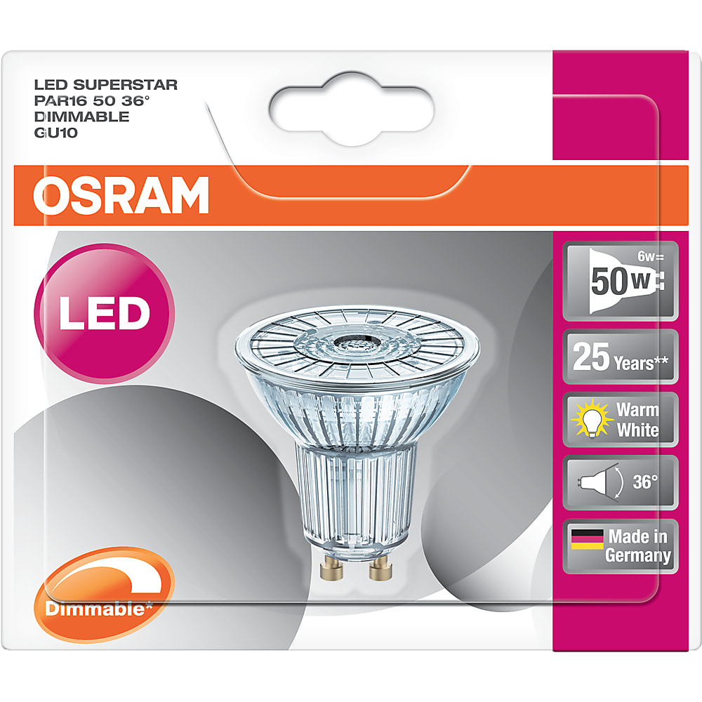 Osram LED · Lampe Superstar · PAR16 4.6W = 50W - GU10 Glas Dimmbar ...