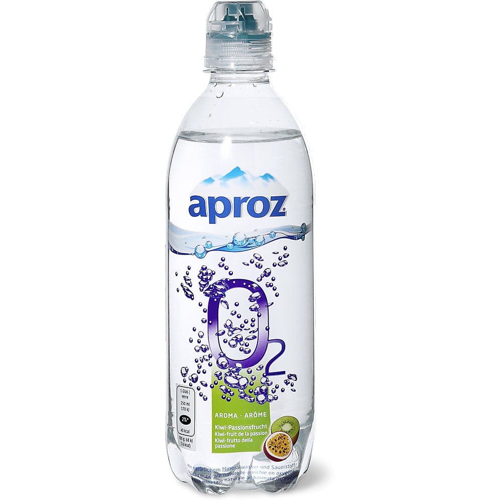 Aproz O2 · Kohlensäure Mineralwasser mit natürlichen Aromen · Kiwi-Passionsfrucht • Migros